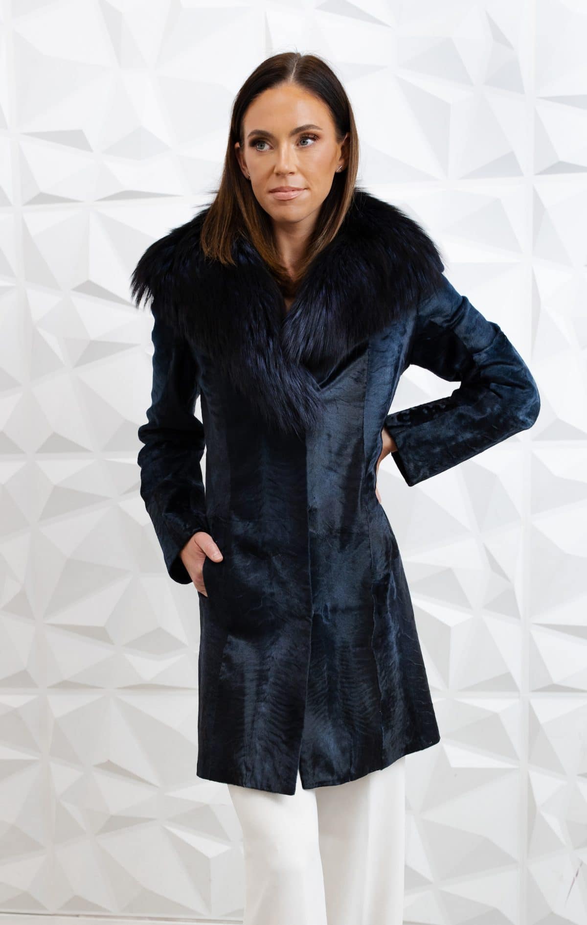 34” Russian Broadtail Jacket W/ Dyed Matching Silver Fox - Sitka Fur ...