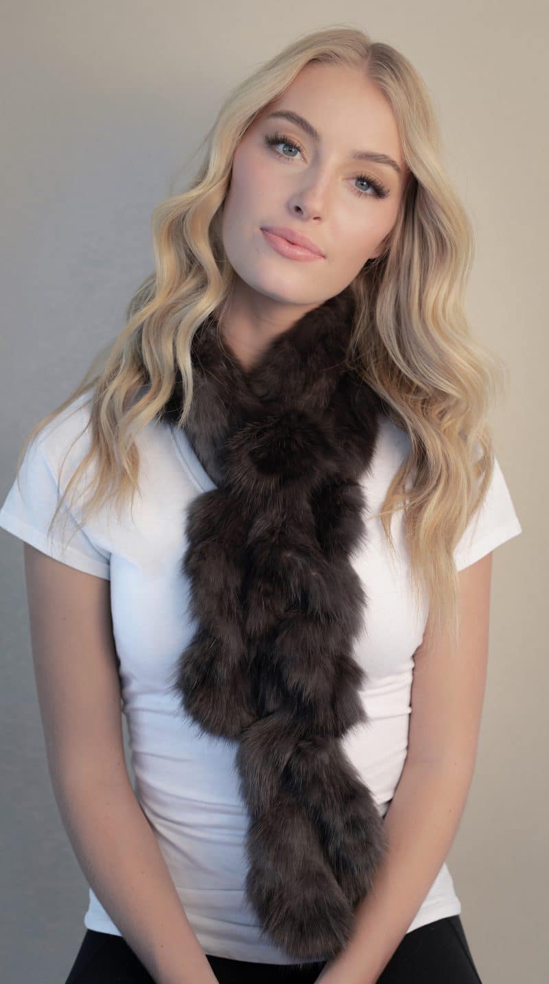 Russian Sable Knit Scarf with Rosette Crossover - Sitka Fur Gallery